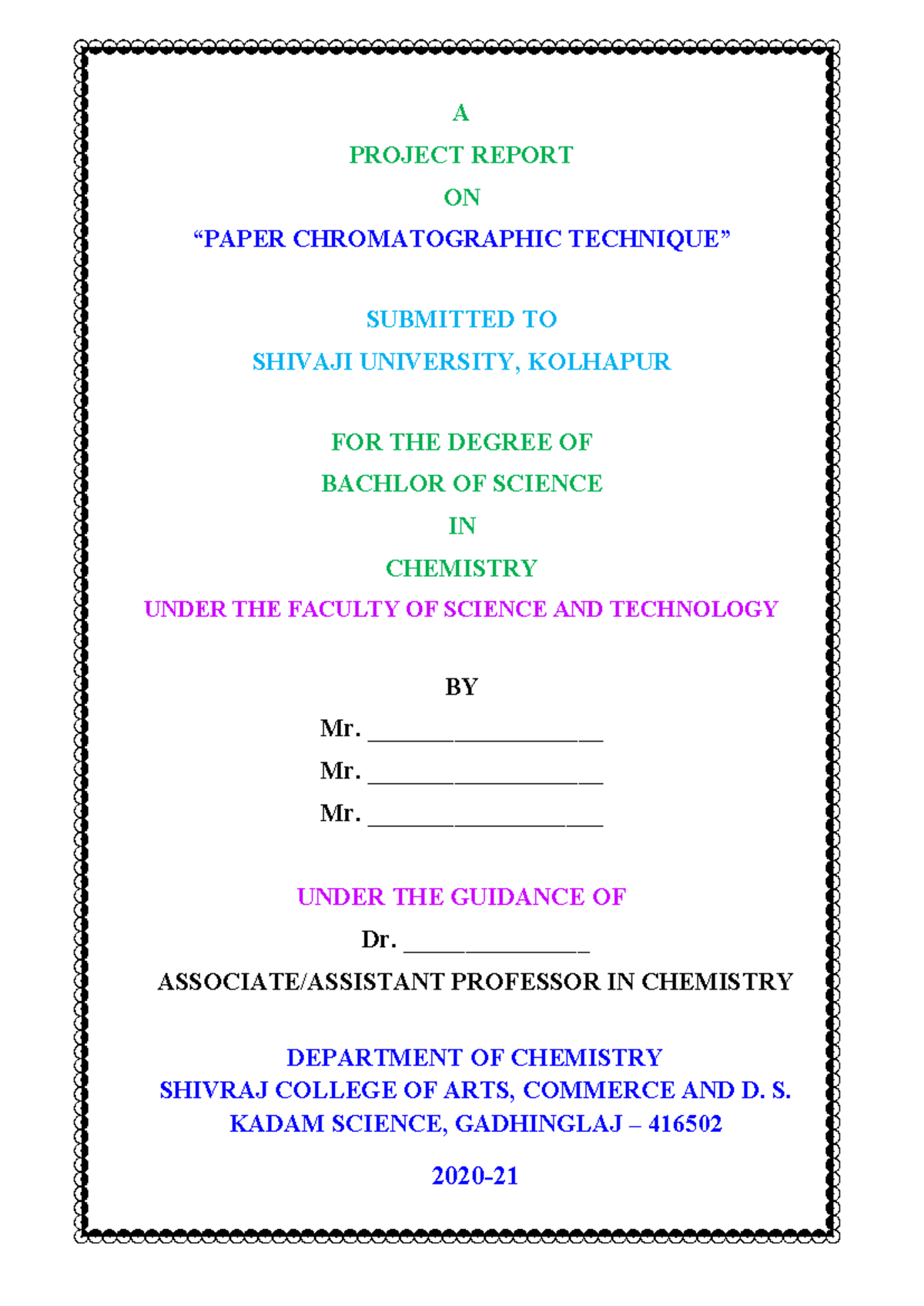 B.Sc. Chemistry Project Report on Paper Chromatographic Technique - Studocu