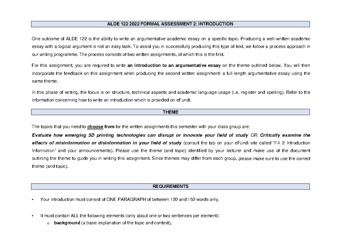 ALDE 122: Formal Assessment 2 - Introduction to Argumentative Essay ...