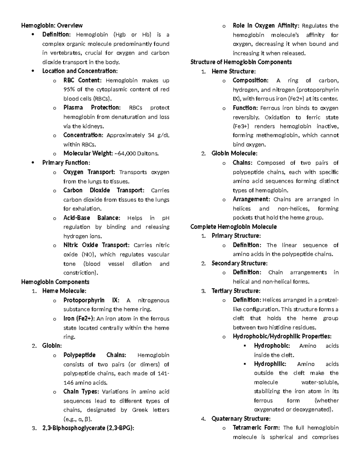 Hemoglobin Overview and Analysis - HEMA 1 Study Notes - Studocu