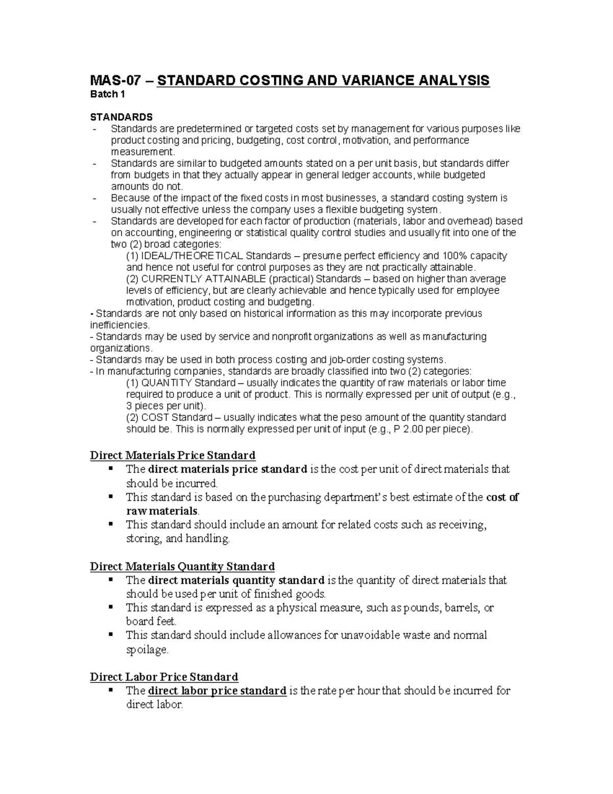 MAS-07 Midterm: Standard Costing & Variance Analysis Overview - Studocu