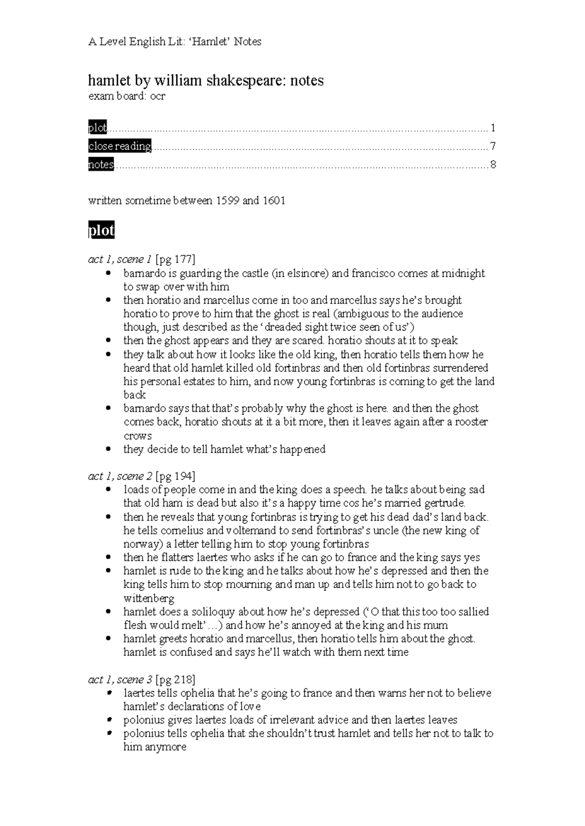 Hamlet (OCR): Key Plot Points and Analysis Notes - Studocu