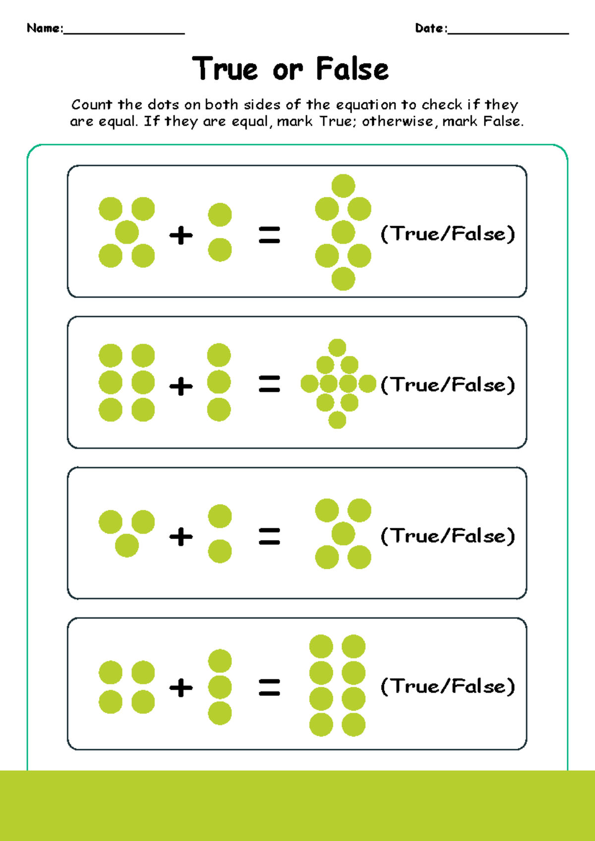 True or False Equations with Dots - 1st Grade Worksheet - Name: True or ...