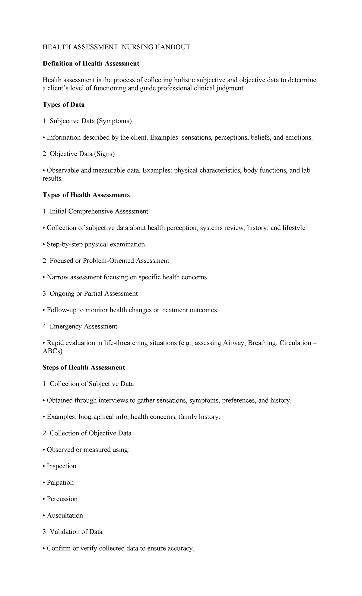Health Assessment: Nursing Handout 1 - Comprehensive Overview - Studocu