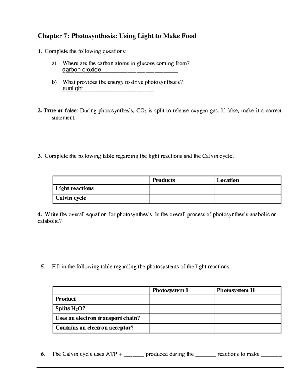 Worksheet Chapter 7 - Photosynthesis Concepts & Questions - Studocu