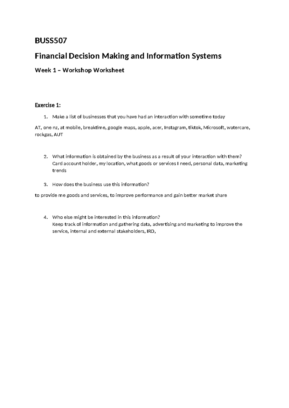 BUSS507 Week 1 workshop worksheet on financial decision making - Studocu
