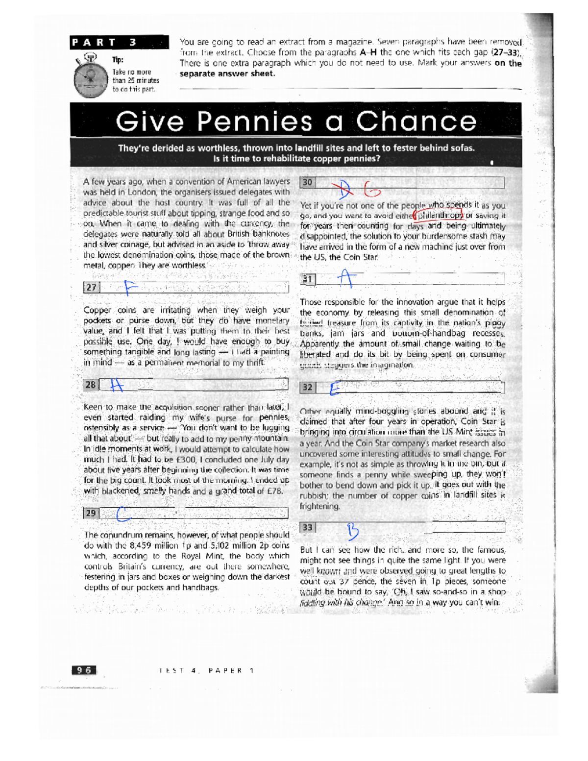 Give Pennies a Chance: A Gap-Filling Exercise (TEST 4, PAPER 1) - Studocu