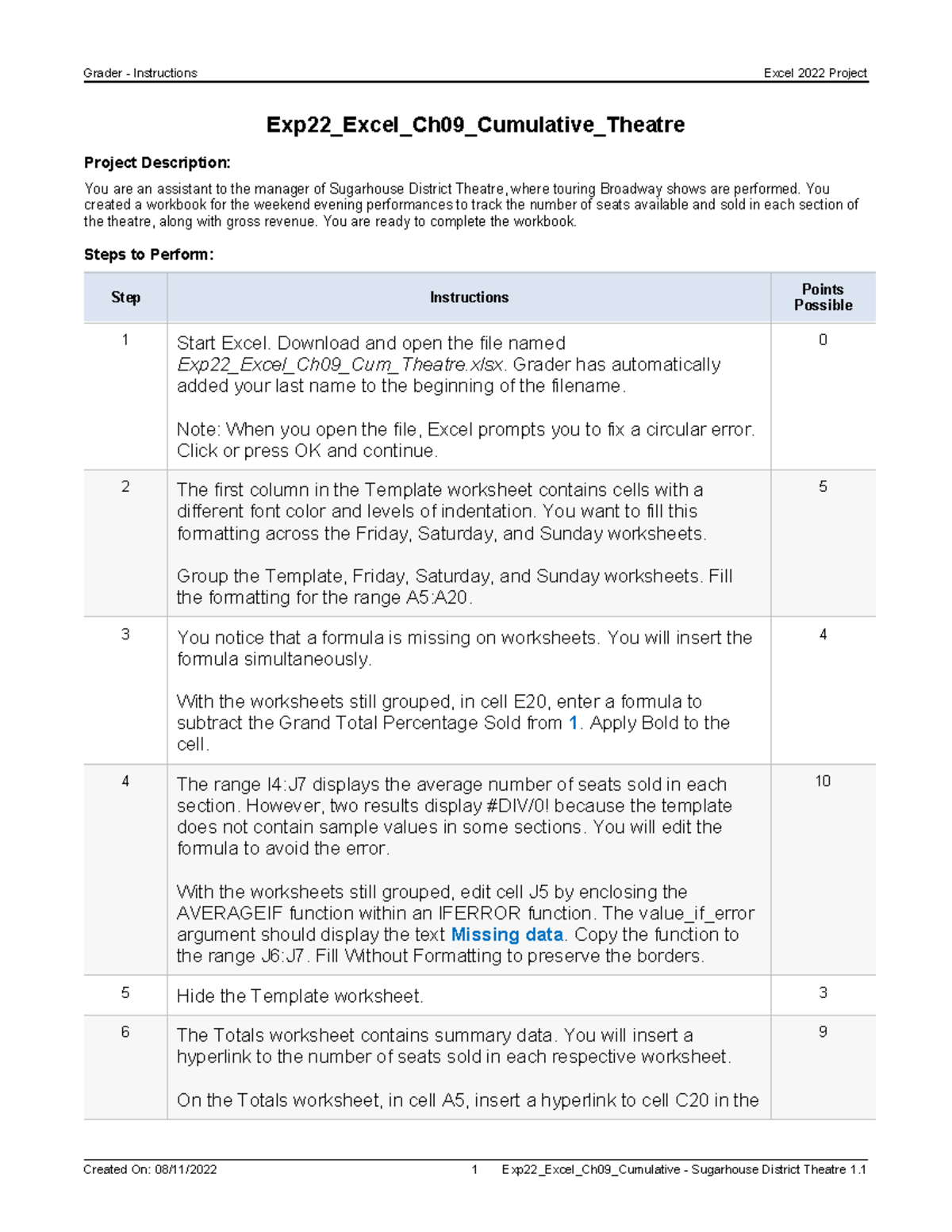 Exp22 Excel Ch09 Cumulative Theatre Performance Workbook Instructions ...