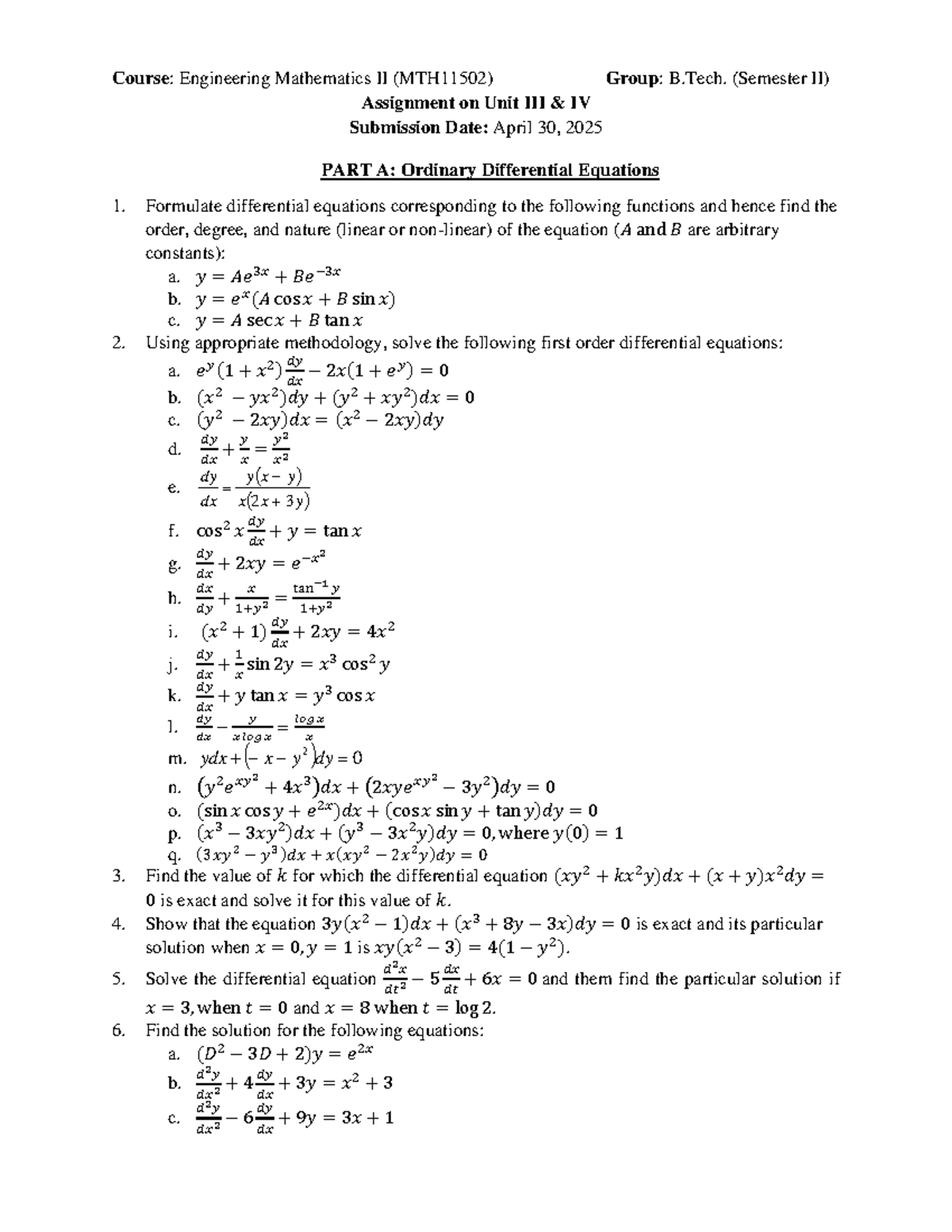 Assignment 1 - Differential Equations in Engineering Math II (MTH11502) - Studocu