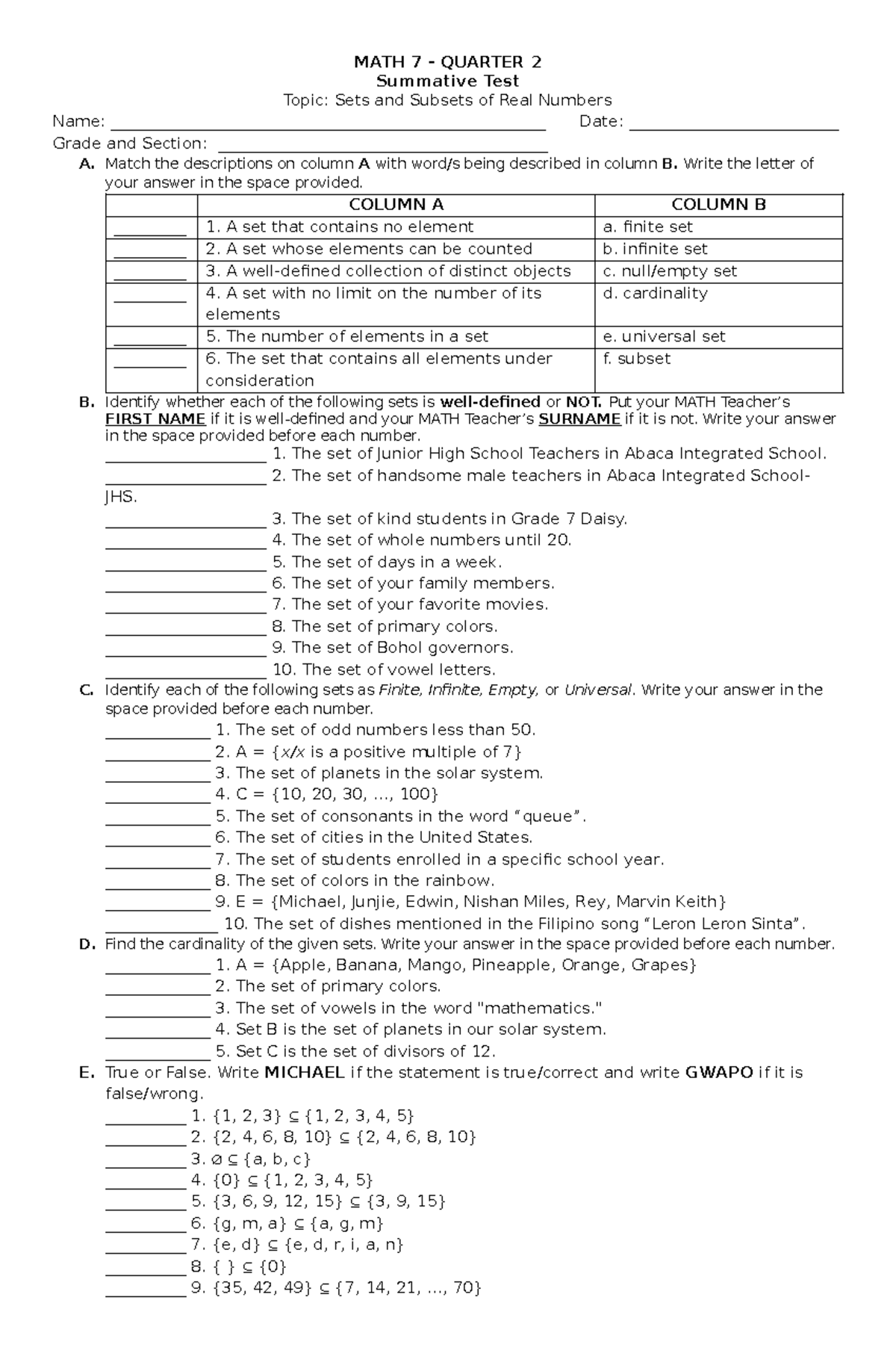 Q2 MATH 7-Sets&Subsetsof Real Numbers - MATH 7 - QUARTER 2 Summative ...