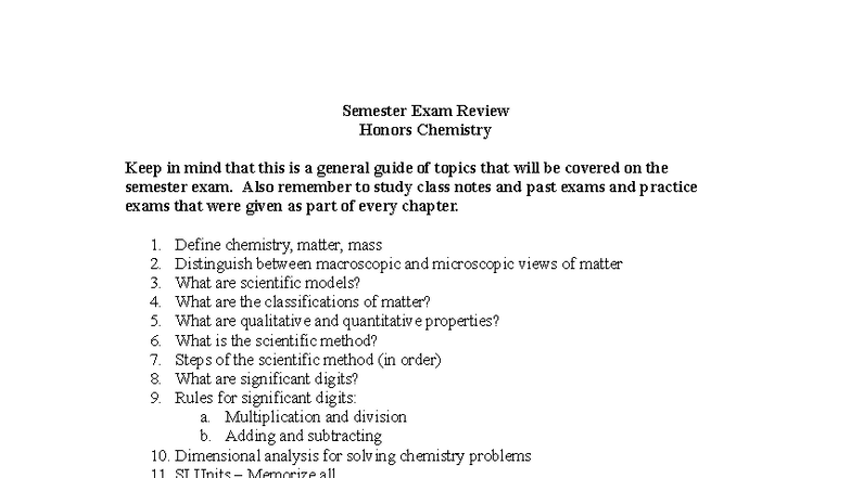Semester 1 Exam Review for Honors Chemistry - Studocu