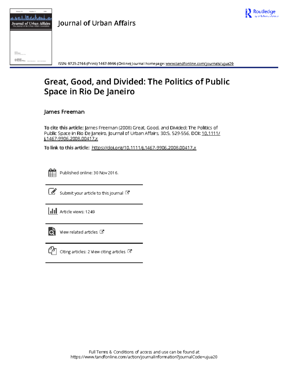 Great, Good, and Divided: Politics of Public Space in Rio (JUA 30:5 ...