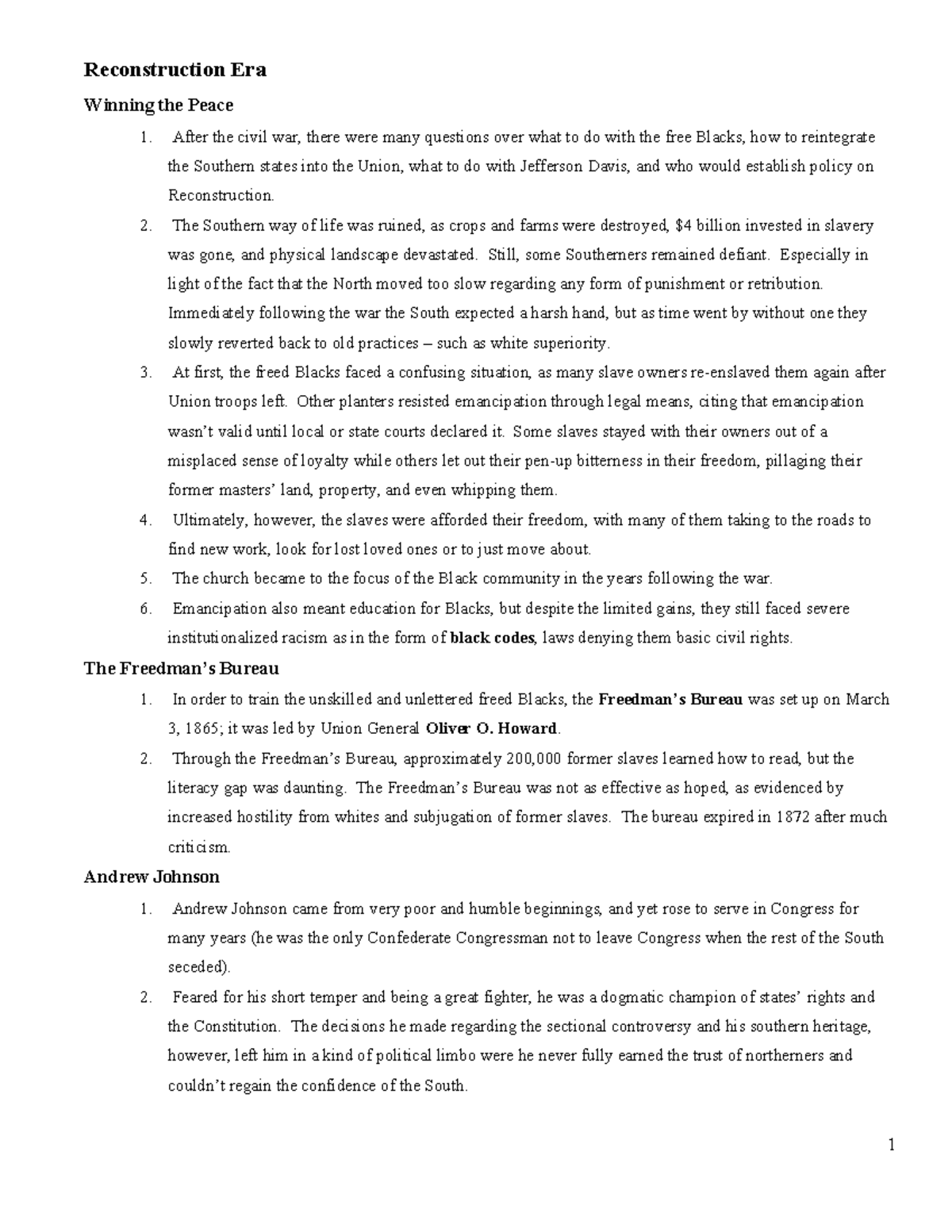 Notes - Reconstruction & The West - Reconstruction Era Winning the ...