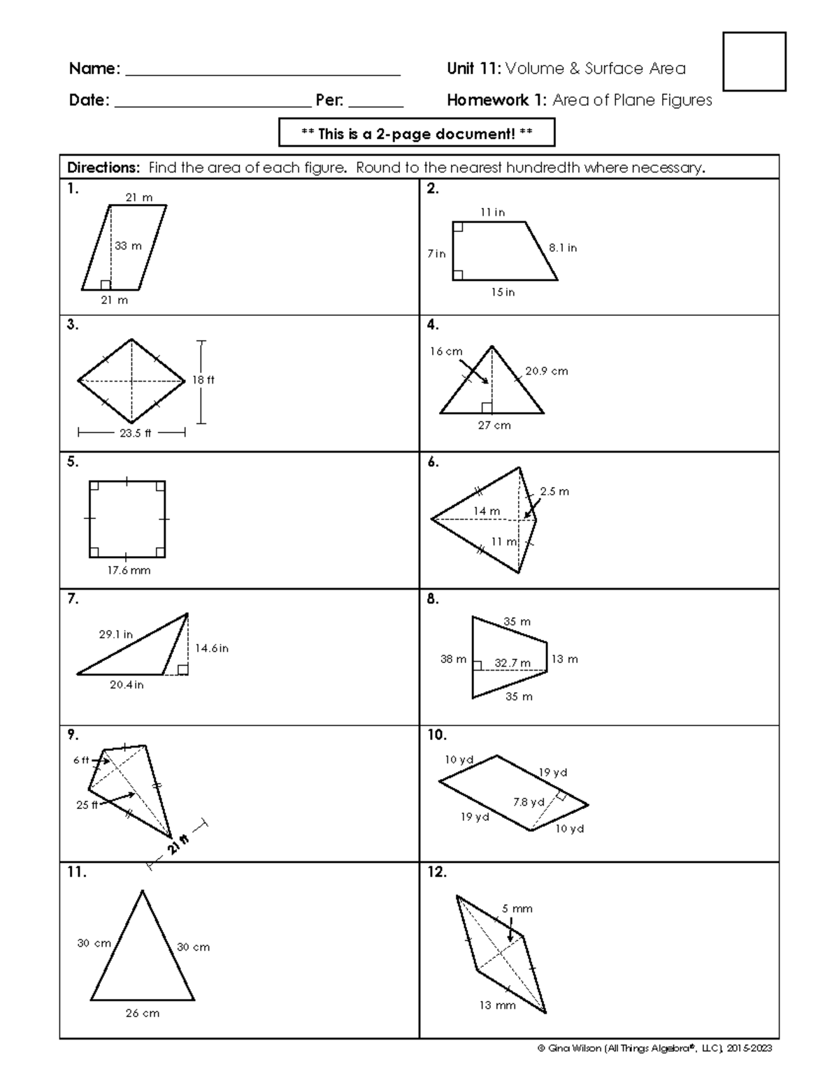 Unit 11: Volume & Surface Area Homework Practice Packet - Studocu