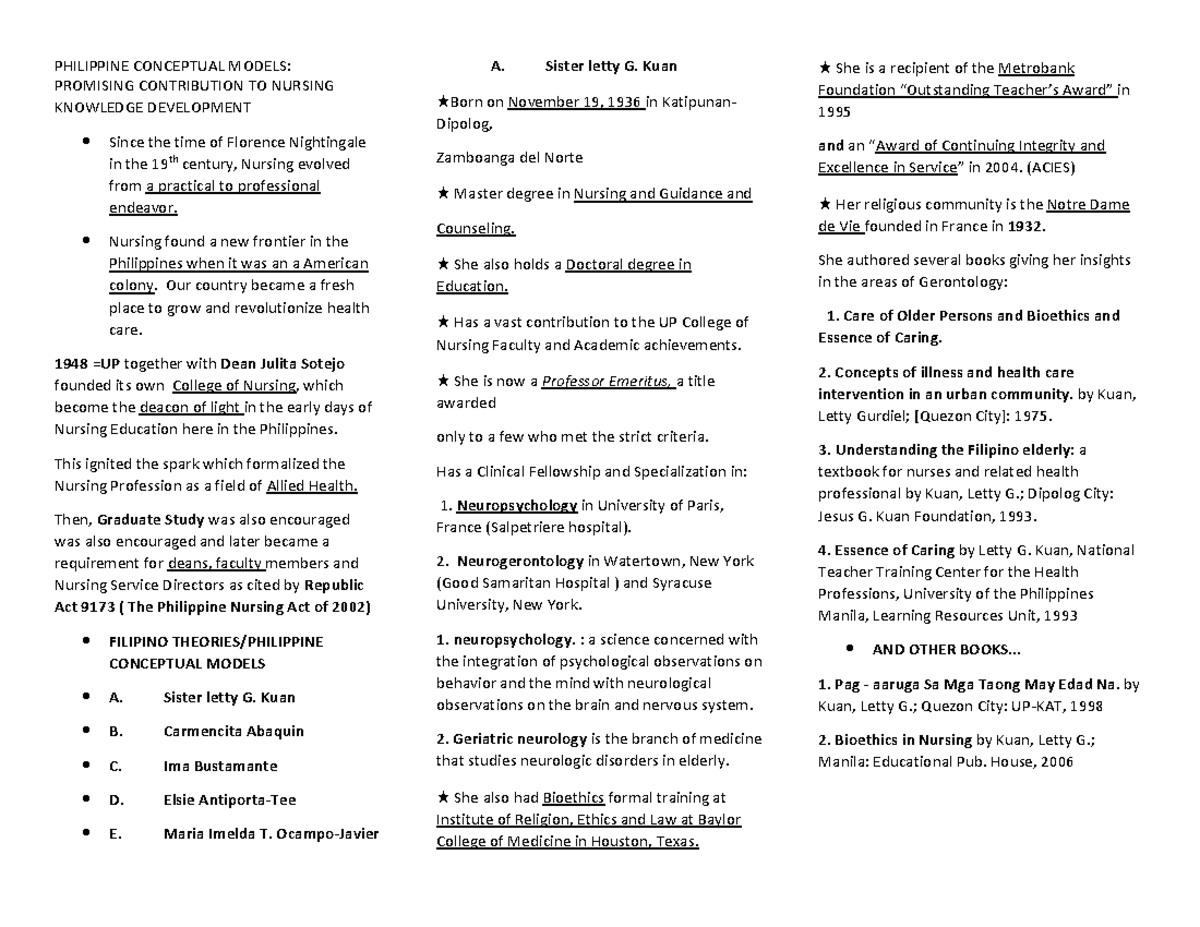 Philippine Conceptual Models in Nursing: Contributions to Knowledge ...