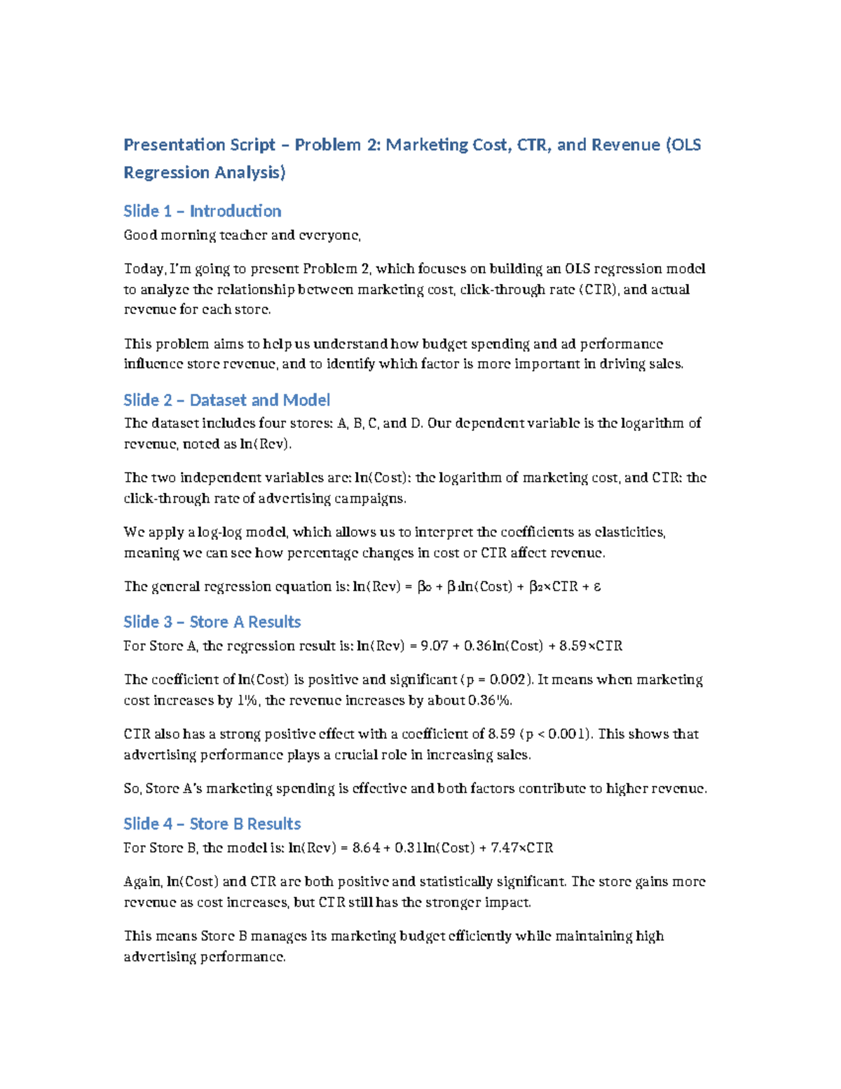 Problem 2: OLS Regression Analysis of Marketing Cost & CTR - Studocu