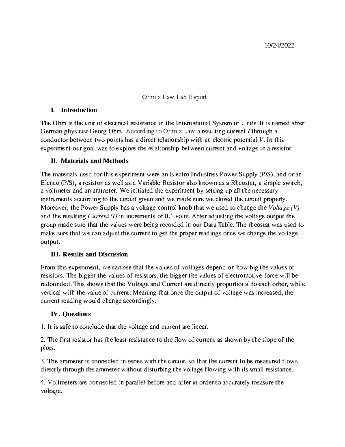 Ohm's Law Lab Report - Exploring Voltage-Current Relationship - Studocu
