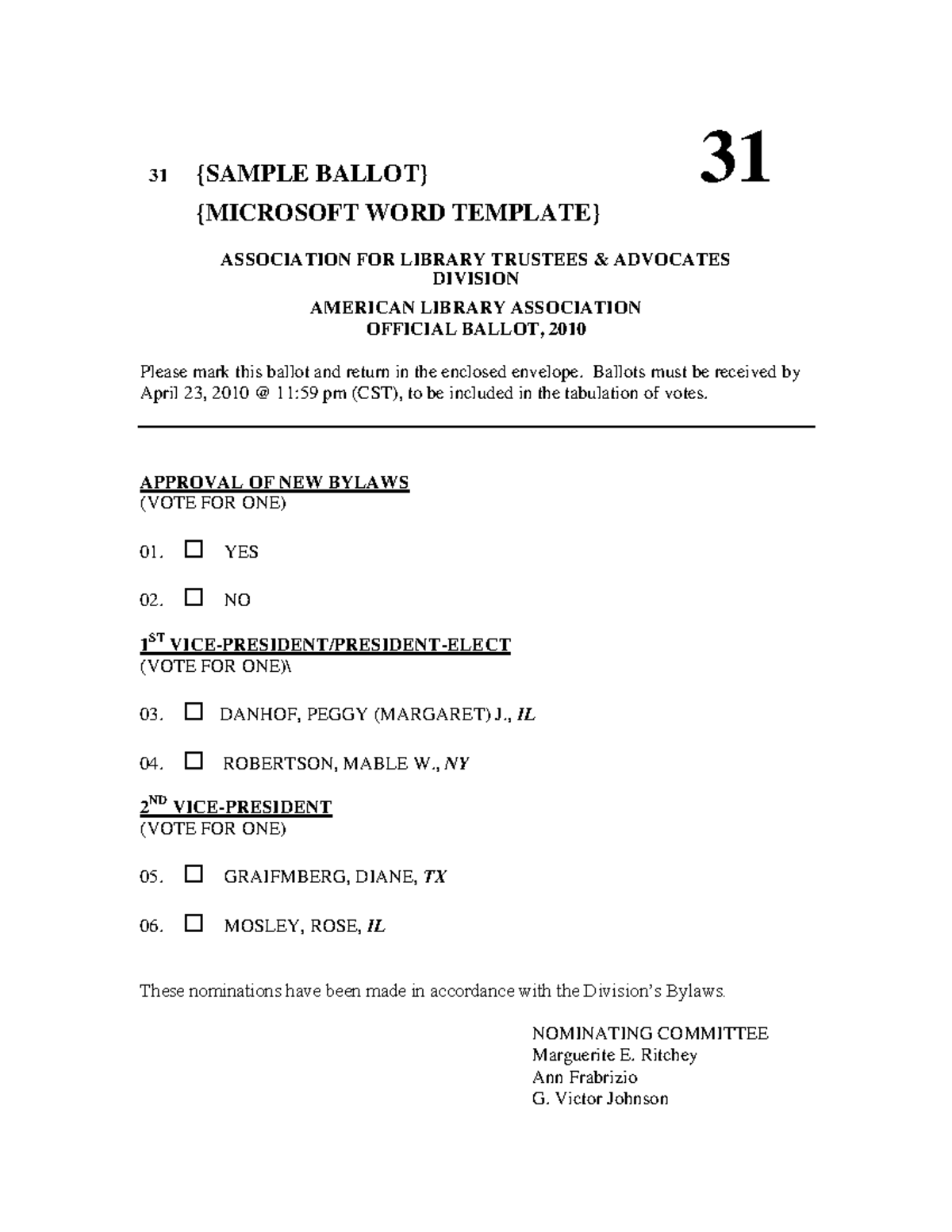 2010 ALTA Official Ballot for Library Trustees Election - Studocu
