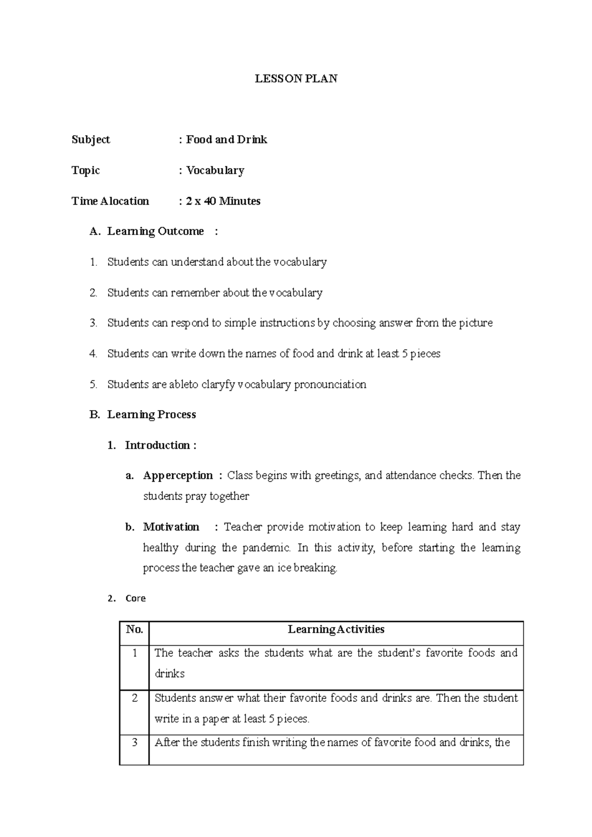 Lesson PLAN - LESSON PLAN Subject : Food and Drink Topic : Vocabulary ...