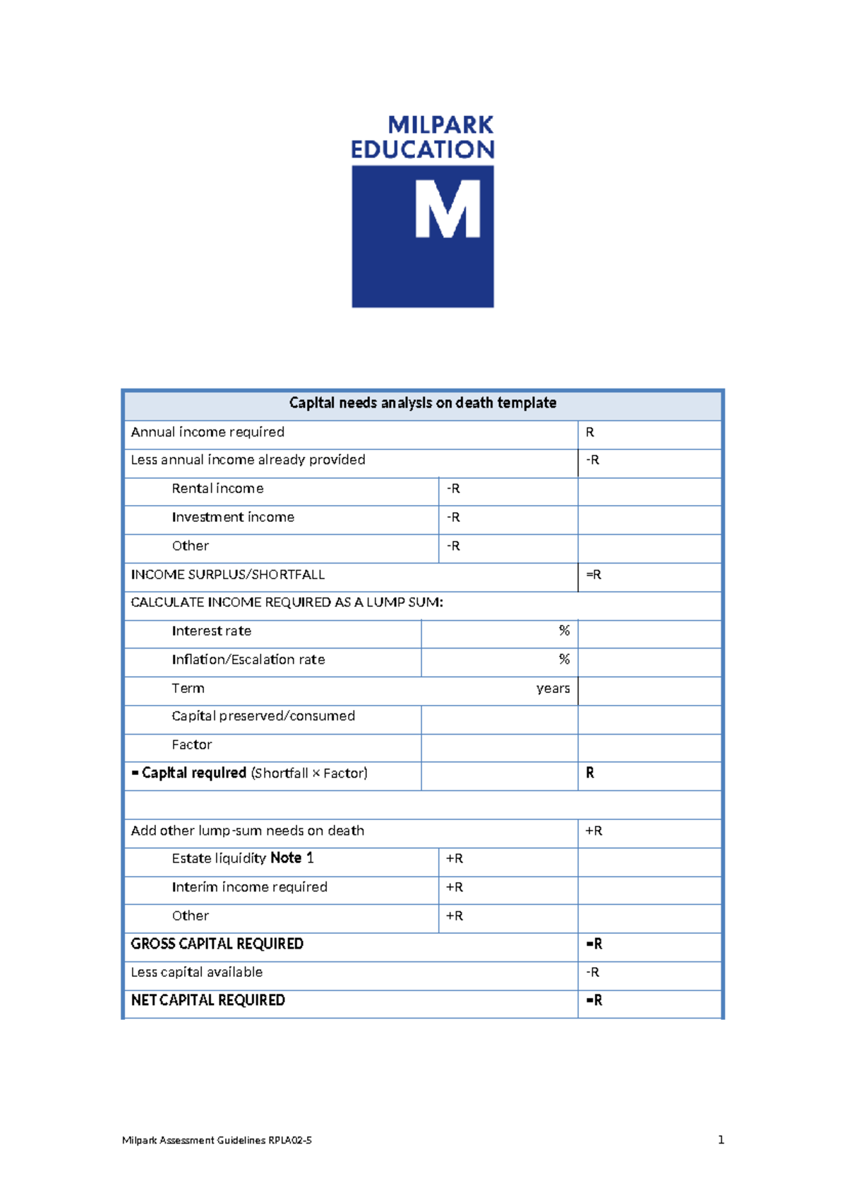 RPLA02-5 Capital Needs Analysis Template for Estate Assessment - Studocu