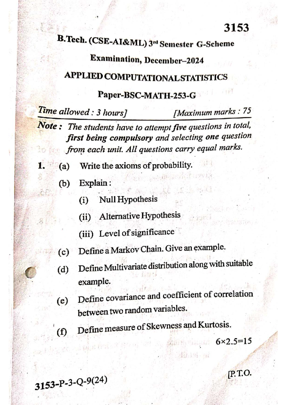 3153 B.Tech. 3rd Sem Final Exam: Applied Computational Statistics - Studocu