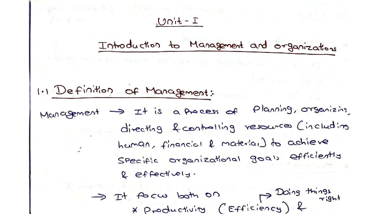 POM - Unit 1 - What - unit I Introduction to Management and organizations 1 Definition of ...