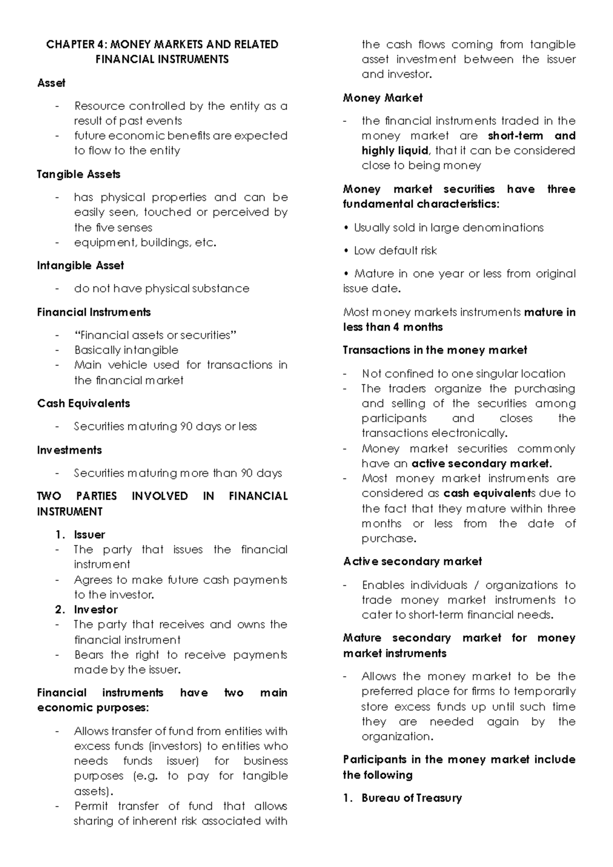 CHAPTER 4: MONEY MARKETS & FINANCIAL INSTRUMENTS SUMMARY - Studocu