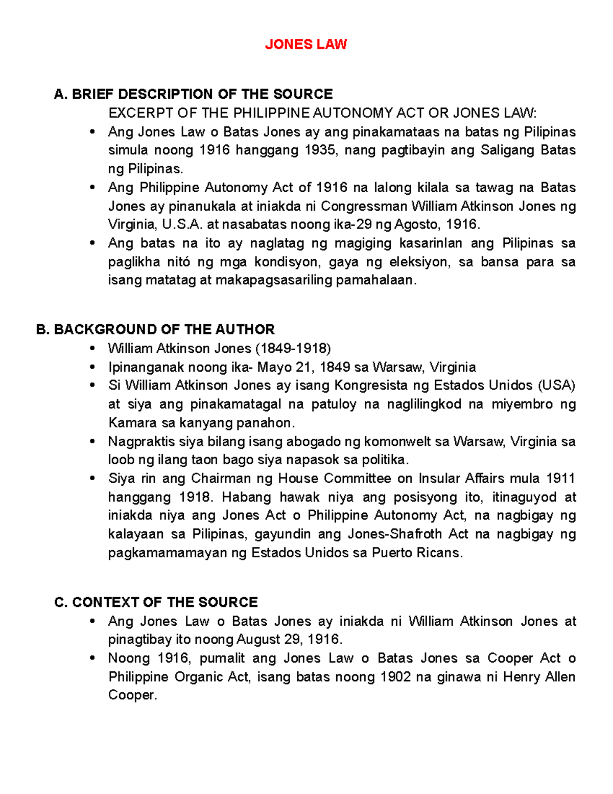 Jones-LAW - Comprehensive Overview of the Philippine Autonomy Act - Studocu