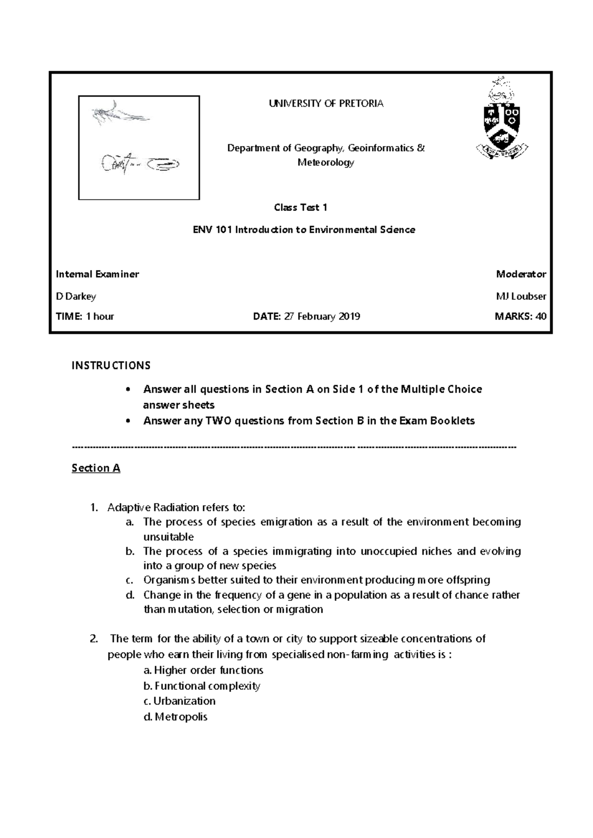 Environmental Science 101 2019 Test - UNIVERSITY OF PRETORIA Department ...