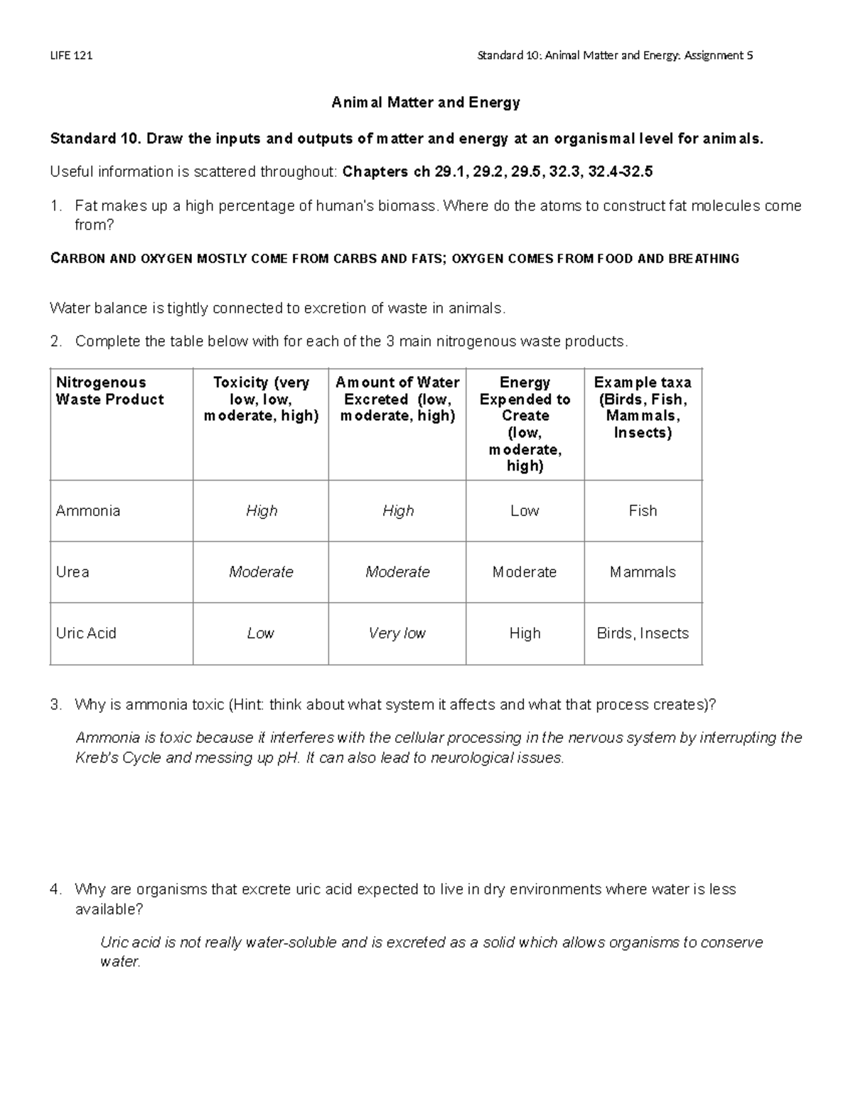 LIFE 121 Standard 10: Animal matter and energy assignment 5 overview ...