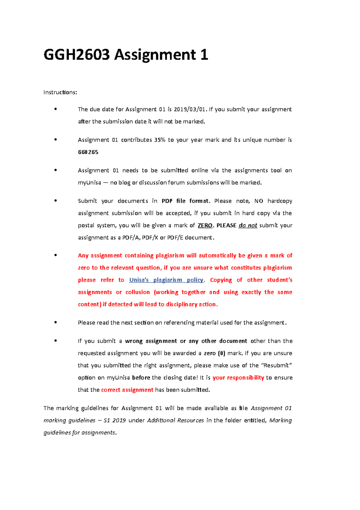 GGH2603 2019 S1 A01 with memorandum - GGH2603 Assignment 1 Instructions ...