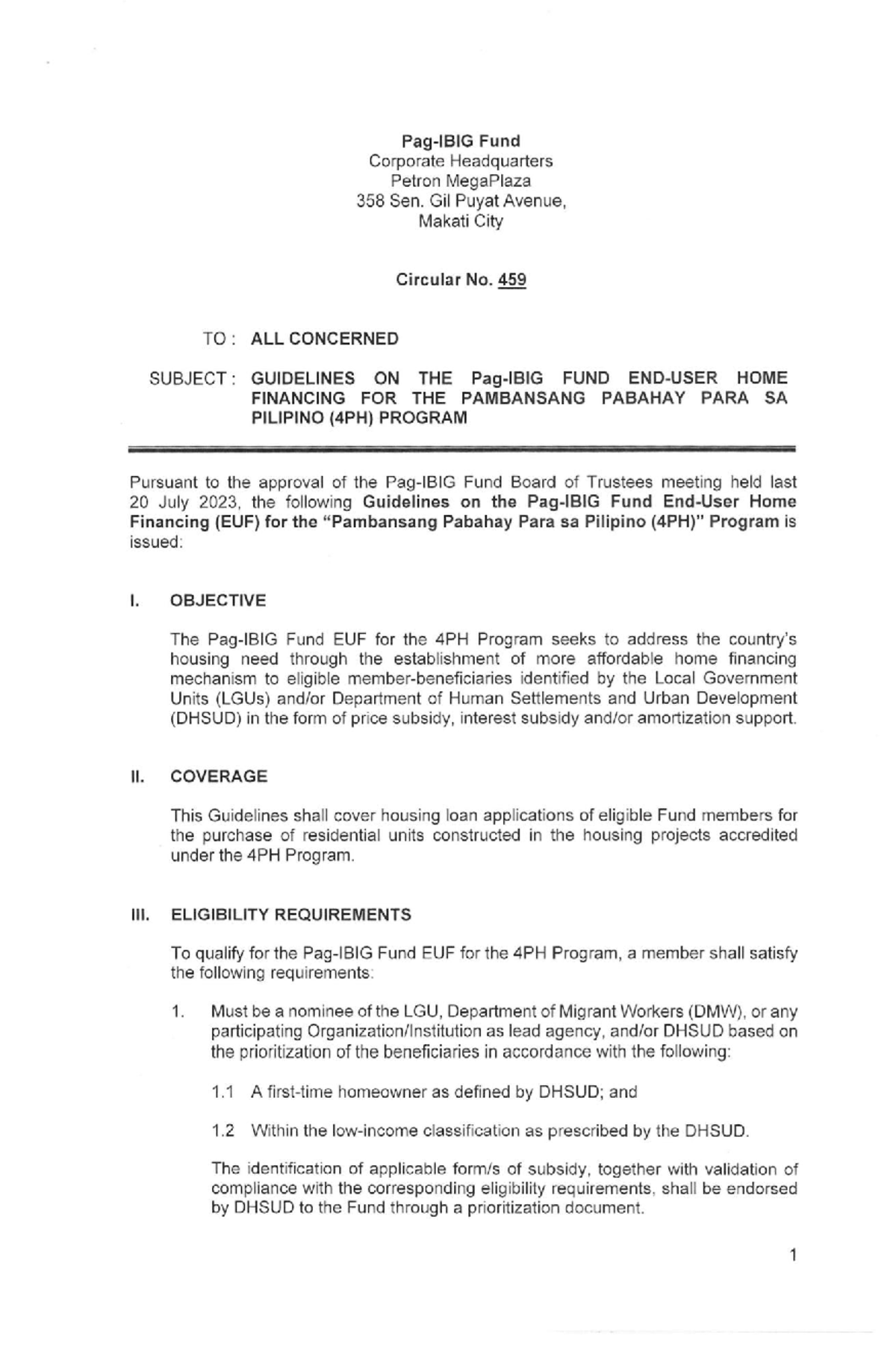 Circular No. 459: Guidelines for End-User Financing in 4PH Program ...