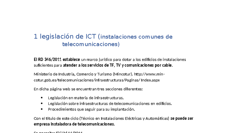 Resumen de Legislación ICT - Tema 1 (Técnico en Instalaciones ...