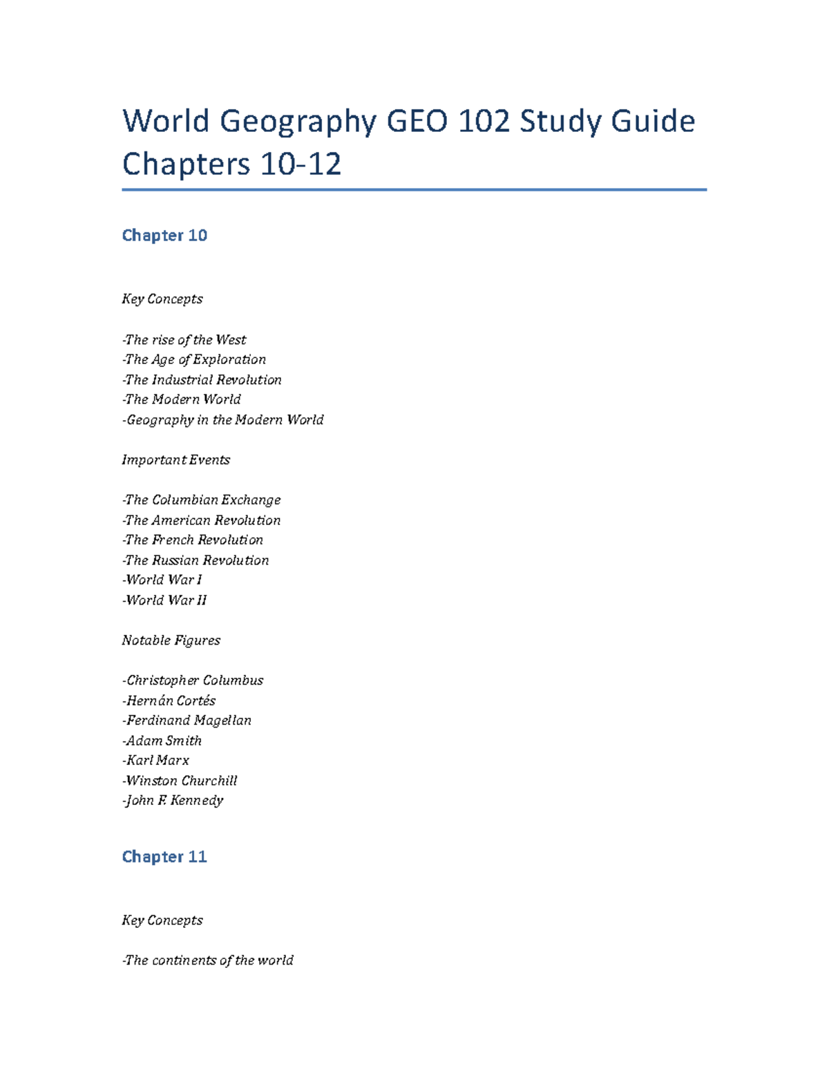 World Geography GEO 102 Study Guide for Chapters 10-12 Insights - Studocu