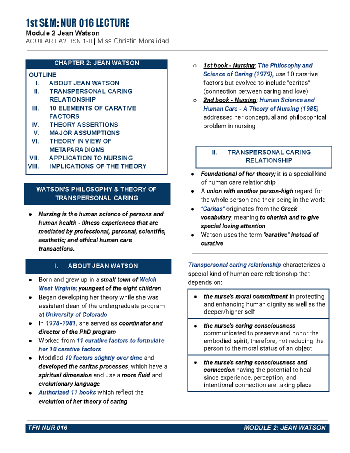 1st SEM: NUR 016 LECTURE Module 2 - Jean Watson's Caring Theory Outline ...