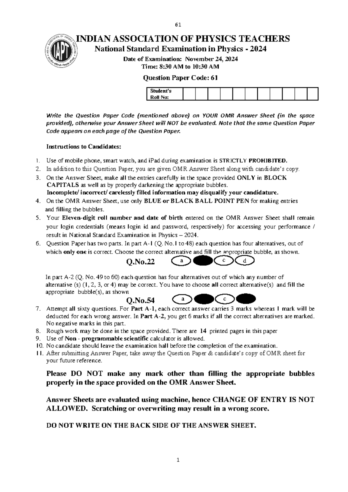 NSEP - 2024 National Standard Exam - Question Paper Code 61 - Studocu