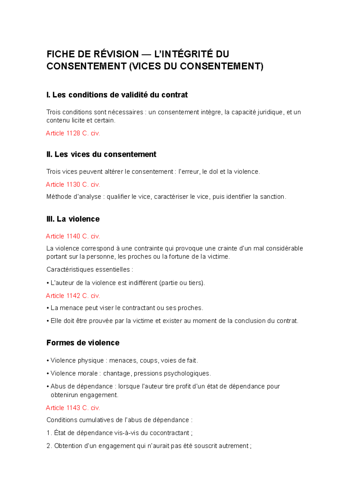 FICHE DE RÉVISION DU CONSENTEMENT (VICES) - Droit Civil - Studocu