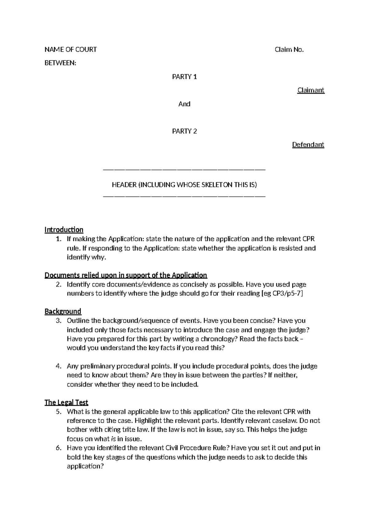 Skeleton Argument Template for Court Proceedings - Studocu