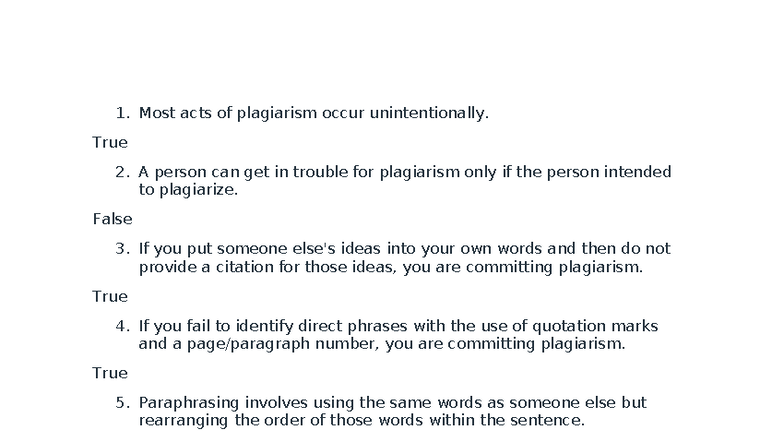 15 Question Plagiarism Quiz - Essential for Each Class - Studocu