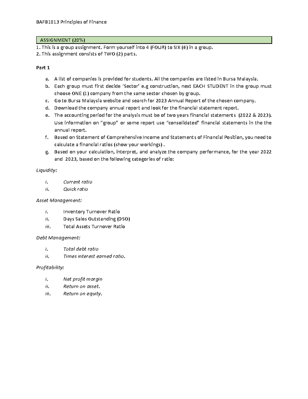 Financial Statement Analysis Assignment: Group Project (2023) - Studocu