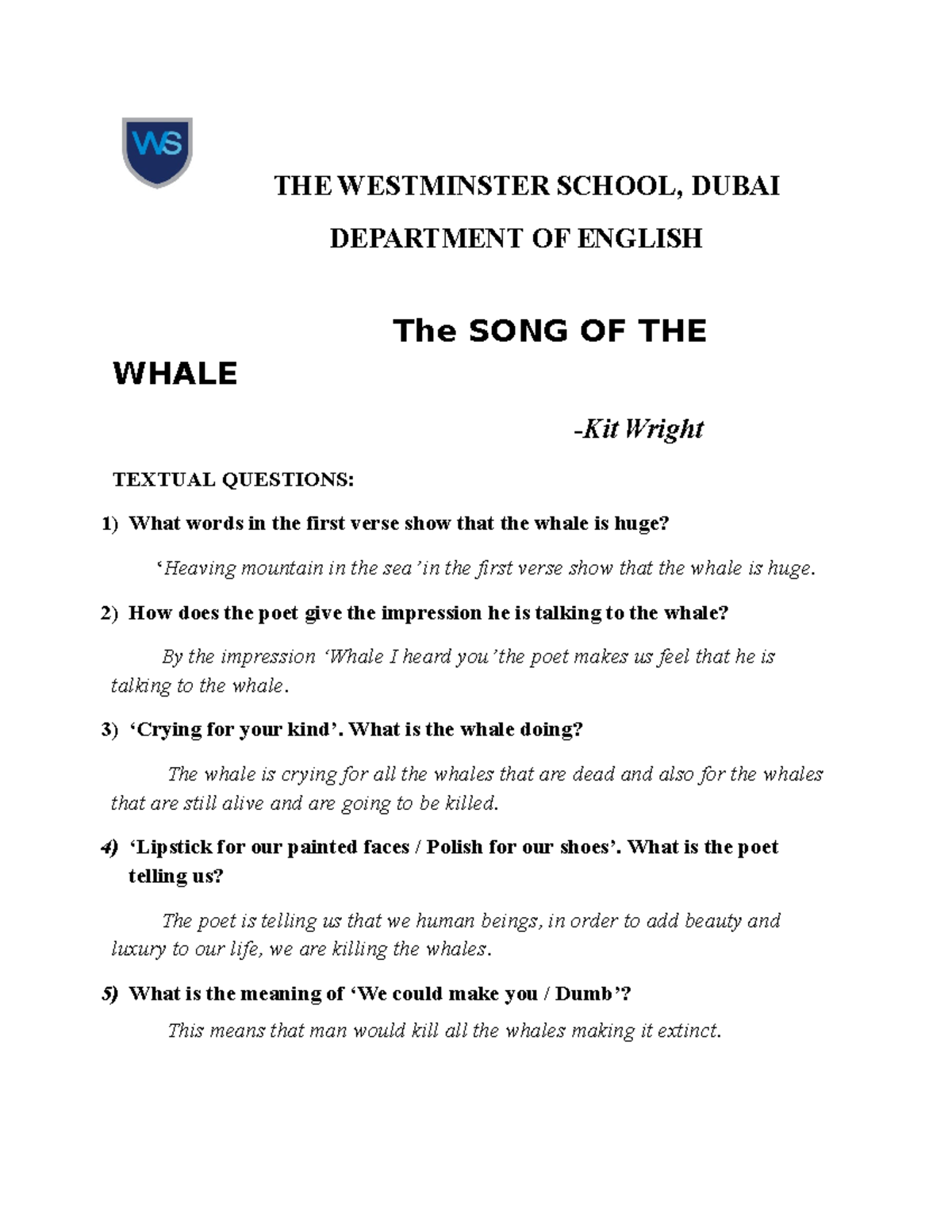 The Song of the Whale - Textual Questions Analysis for English Class ...