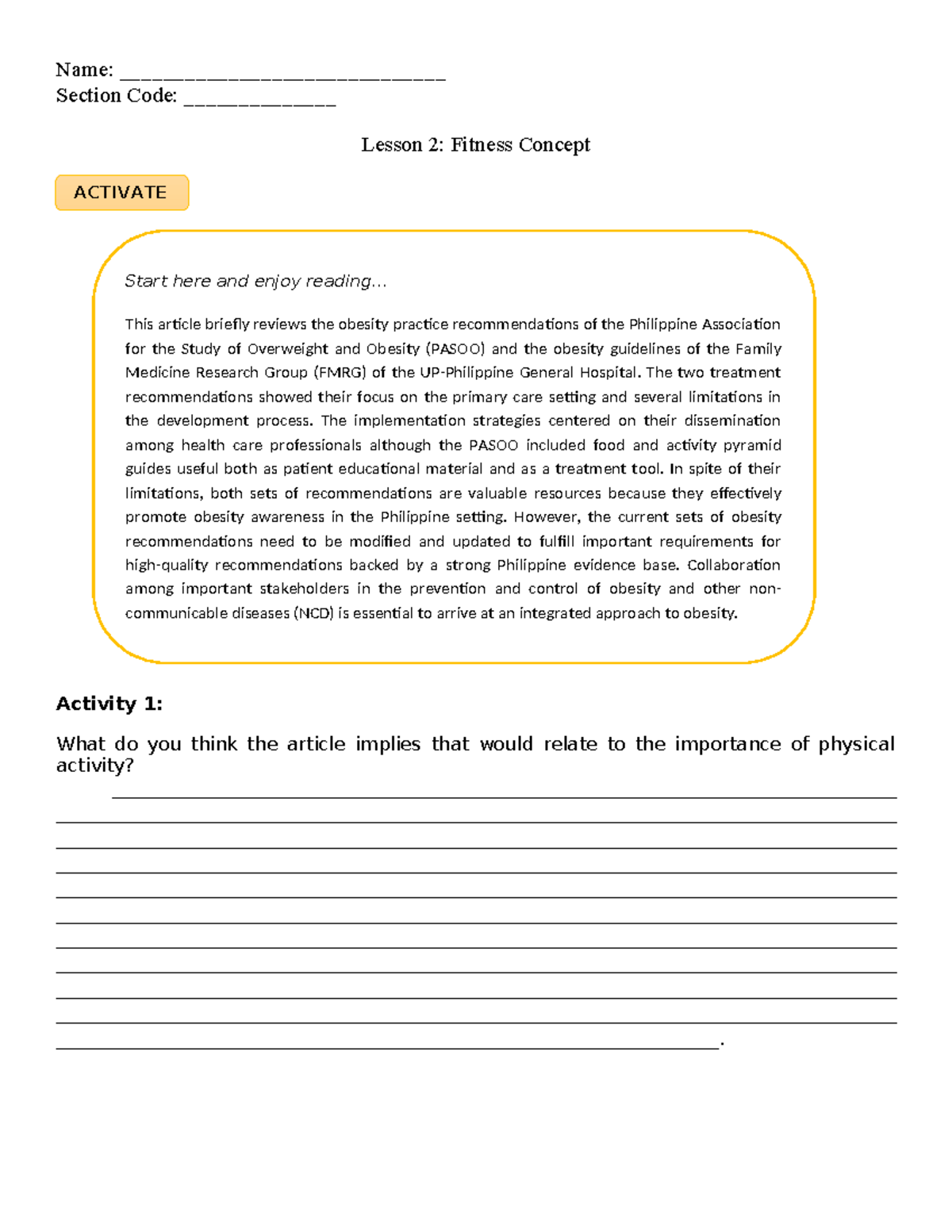 L2: Lesson 2 - Fitness Concepts & Obesity Guidelines Review - Studocu
