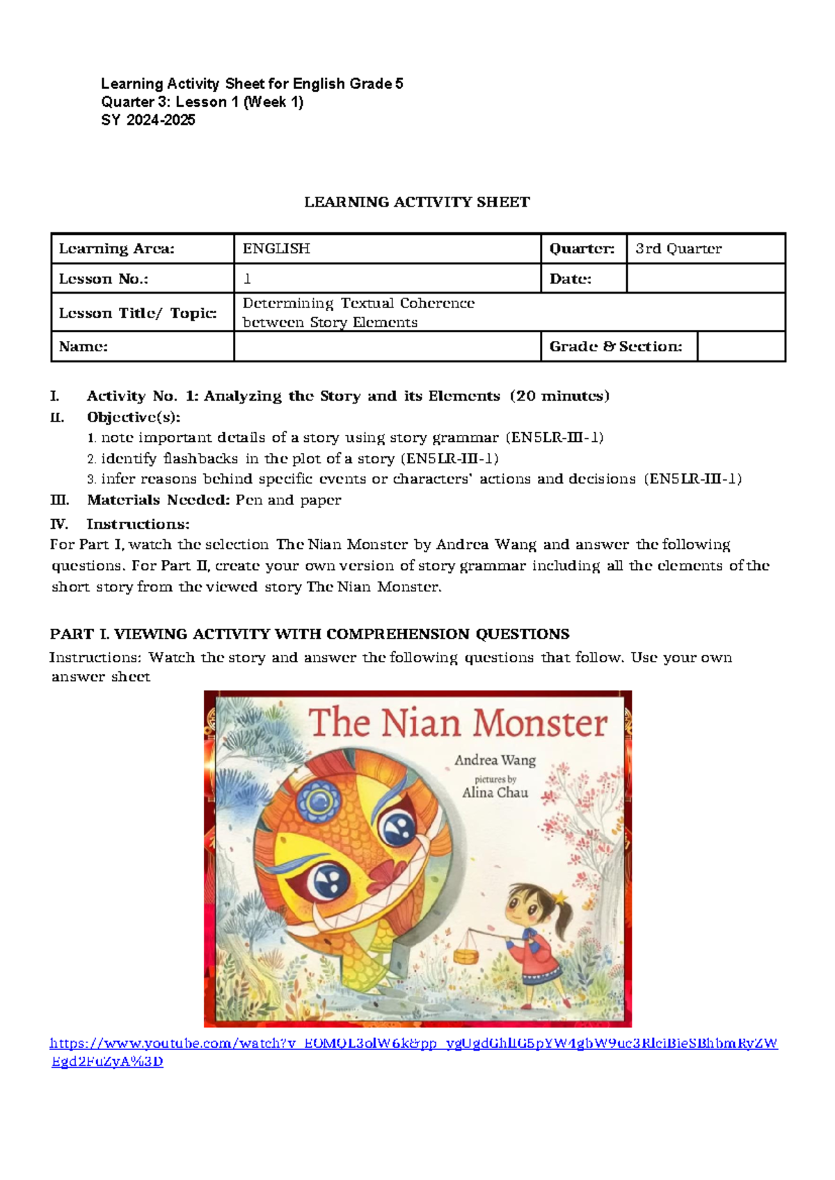 Q3 WS English 5: Lesson 1 - Analyzing Story Elements - Studocu
