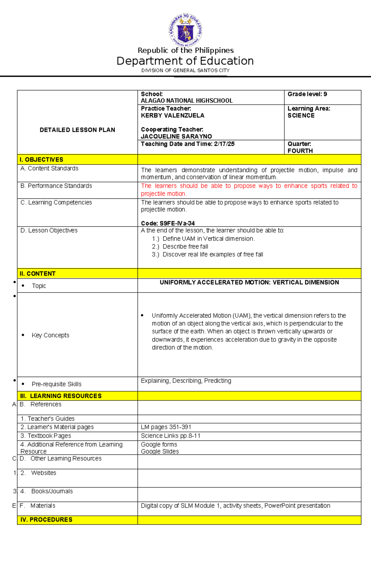 Lesson Plan 2: Uniformly Accelerated Motion - Vertical Dimension (S9FE ...