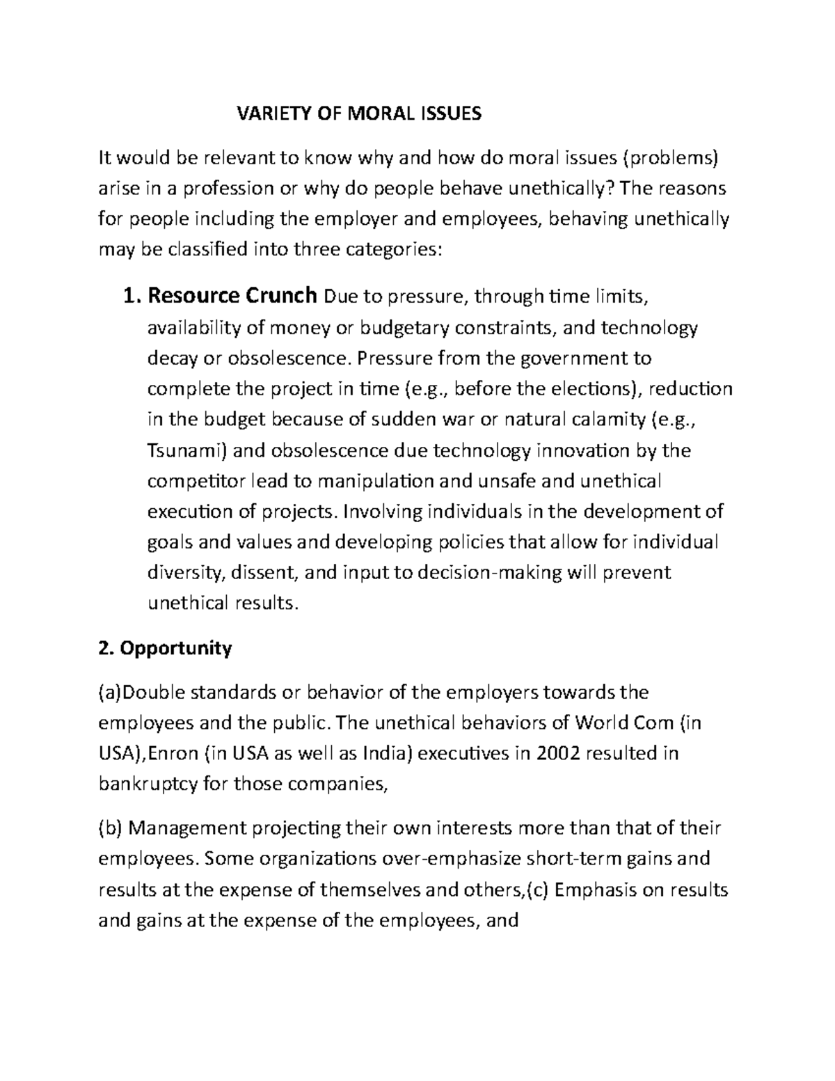 Variety OF Moral Issues - VARIETY OF MORAL ISSUES It would be relevant ...