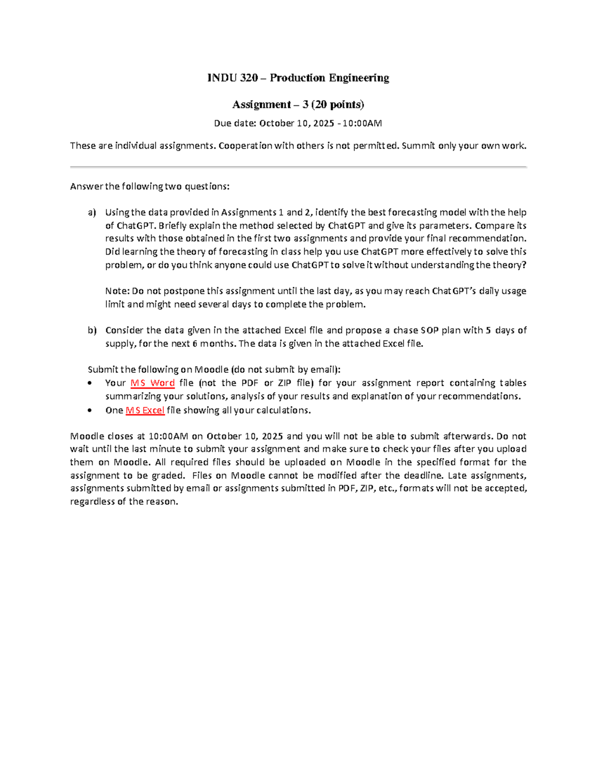INDU 320 Production Engineering Assignment 3: Forecasting & SOP Plan - Studocu