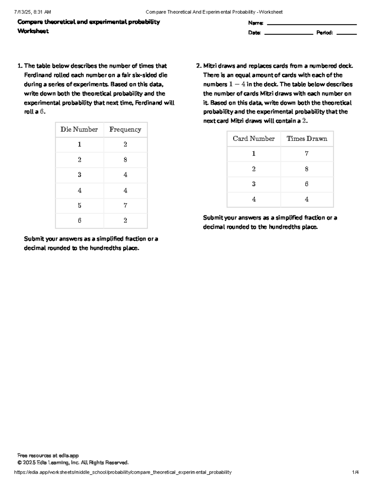 Compare Theoretical & Experimental Probability - Worksheet - Studocu