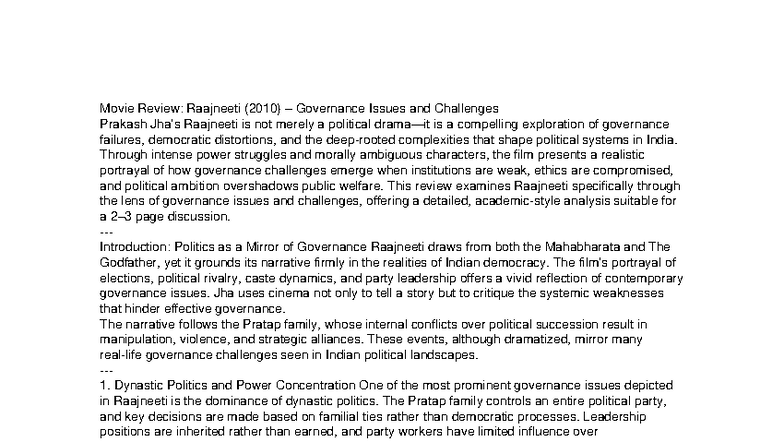 Raajneeti (2010) Governance Review: Issues & Challenges in Politics ...