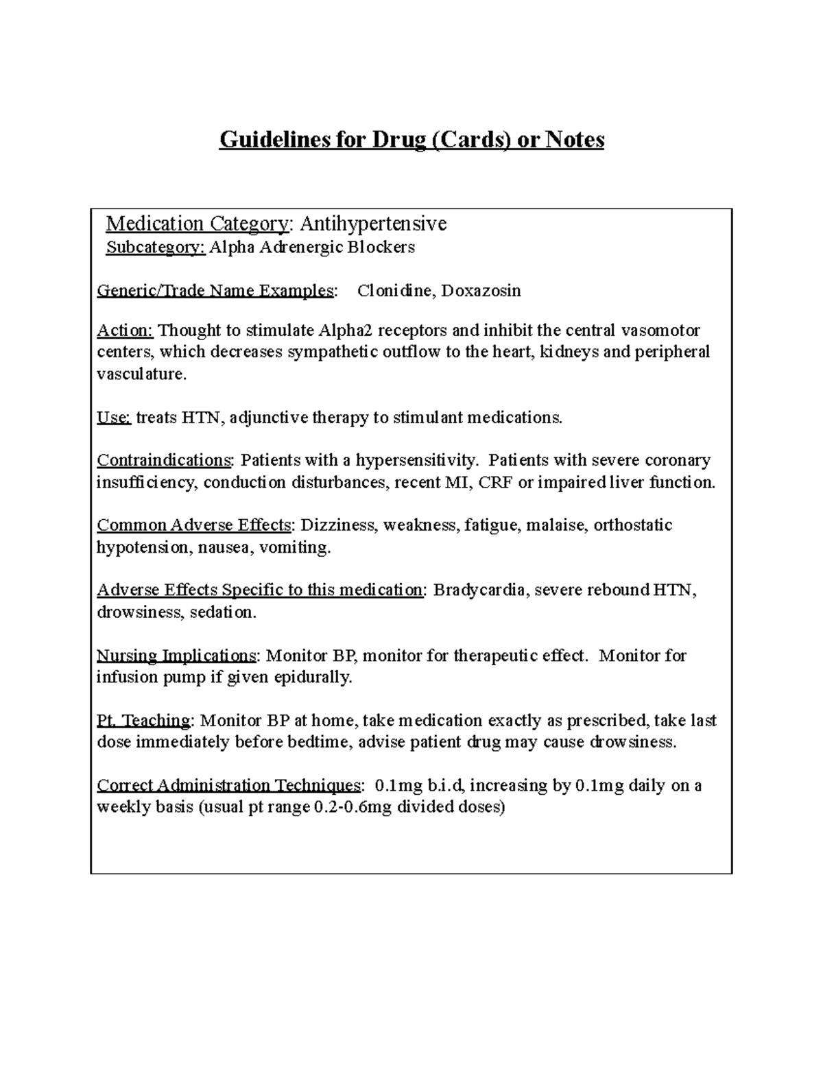 Clonidine - drug card/study guide - Guidelines for Drug (Cards) or ...