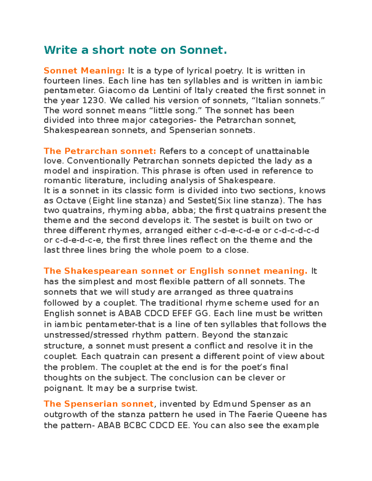 Short Note on Sonnet: Types, Structure & Historical Context - Studocu