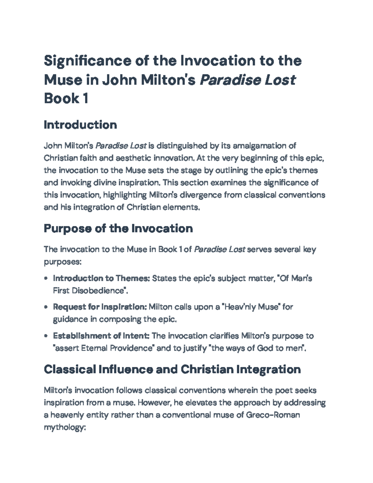 Significance of the Invocation to the Muse in Milton's Paradise Lost ...